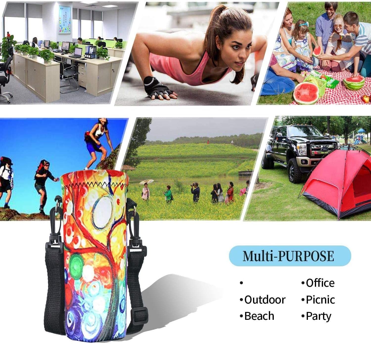 AUPET Water Bottle Carrier,Colorful Tree 500ML Water Sport Bottle Cover Pouch Insulated Soft Sleeve Holder Case +Shoulder Strap