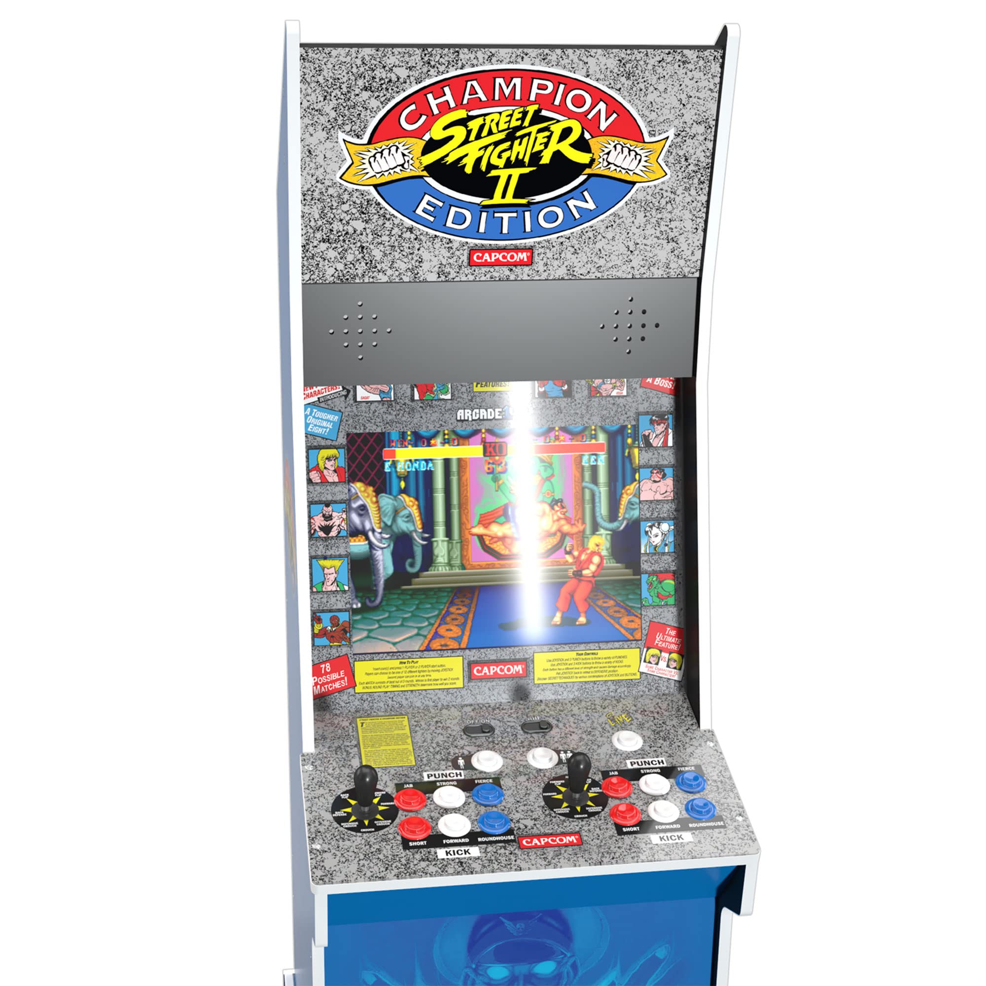 Arcade1Up Street Fighter II Champion Edition Big Blue Cabinet Style Arcade Machine w/ 12 Games, Coinless Operation, Light-Up Marquee, WiFi, and Stool