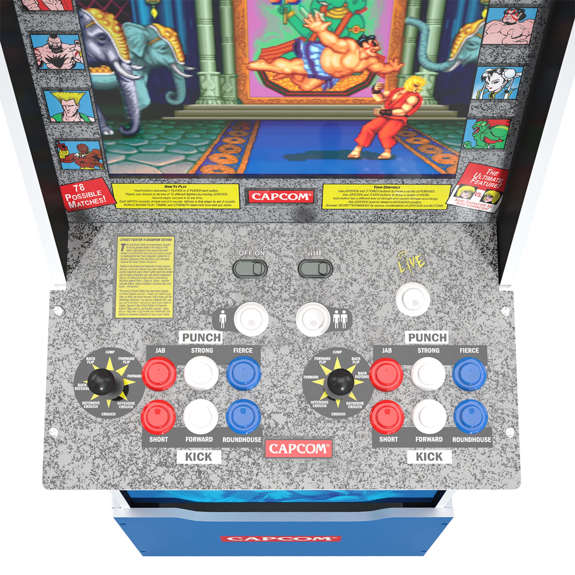 Arcade1Up Street Fighter II Champion Edition Big Blue Cabinet Style Arcade Machine w/ 12 Games, Coinless Operation, Light-Up Marquee, WiFi, and Stool