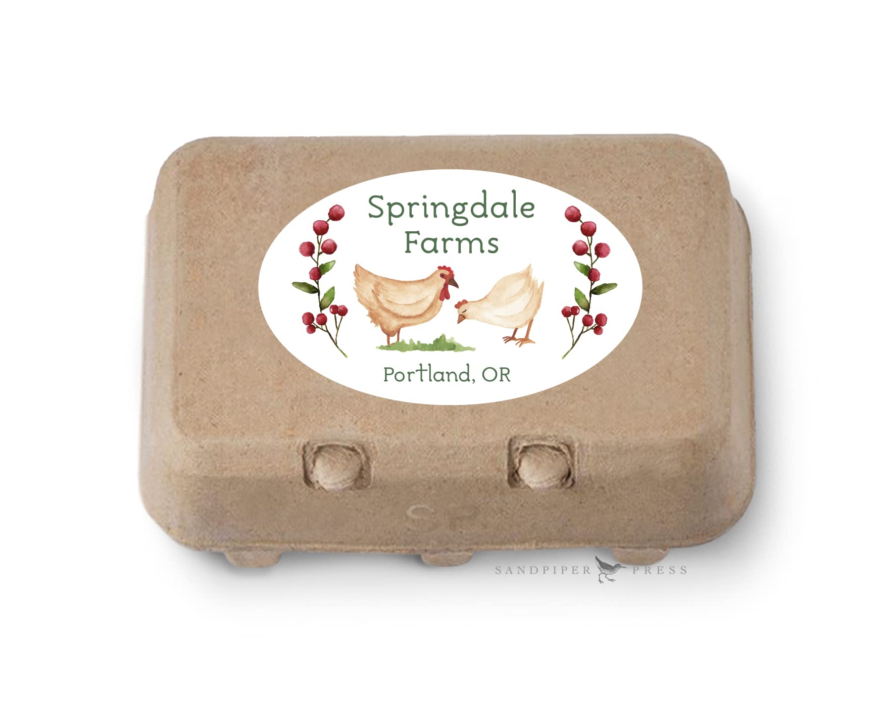 Egg Carton Labels - Custom oval personalized stickers, hens and red berries, 3.25" x 2", 10 per sheet