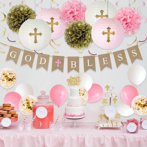 Baptism Decorations for Girls, First Communion Decorations, Christening Decor 1st Holy Communion Party Supplies God Bless Banner Pink Party