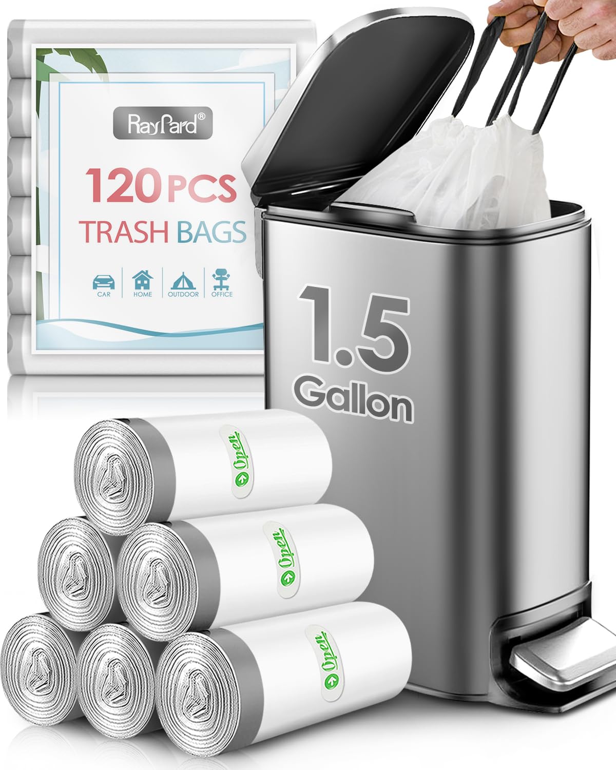 1.5 Gallon 120 Counts Mini Strong Drawstring Trash Bags Garbage Bags by RayPard, Small Plastic Bags fit 4.5-6L Trash Can for Home Office Kitchen Bathroom Bedroom, White Waste Basket Liners