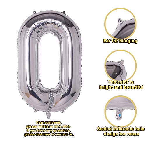 Silver 0 Balloons,40 Inch Birthday Foil Balloon Party Decorations Supplies Helium Mylar Digital Balloons (Silver Number 0)