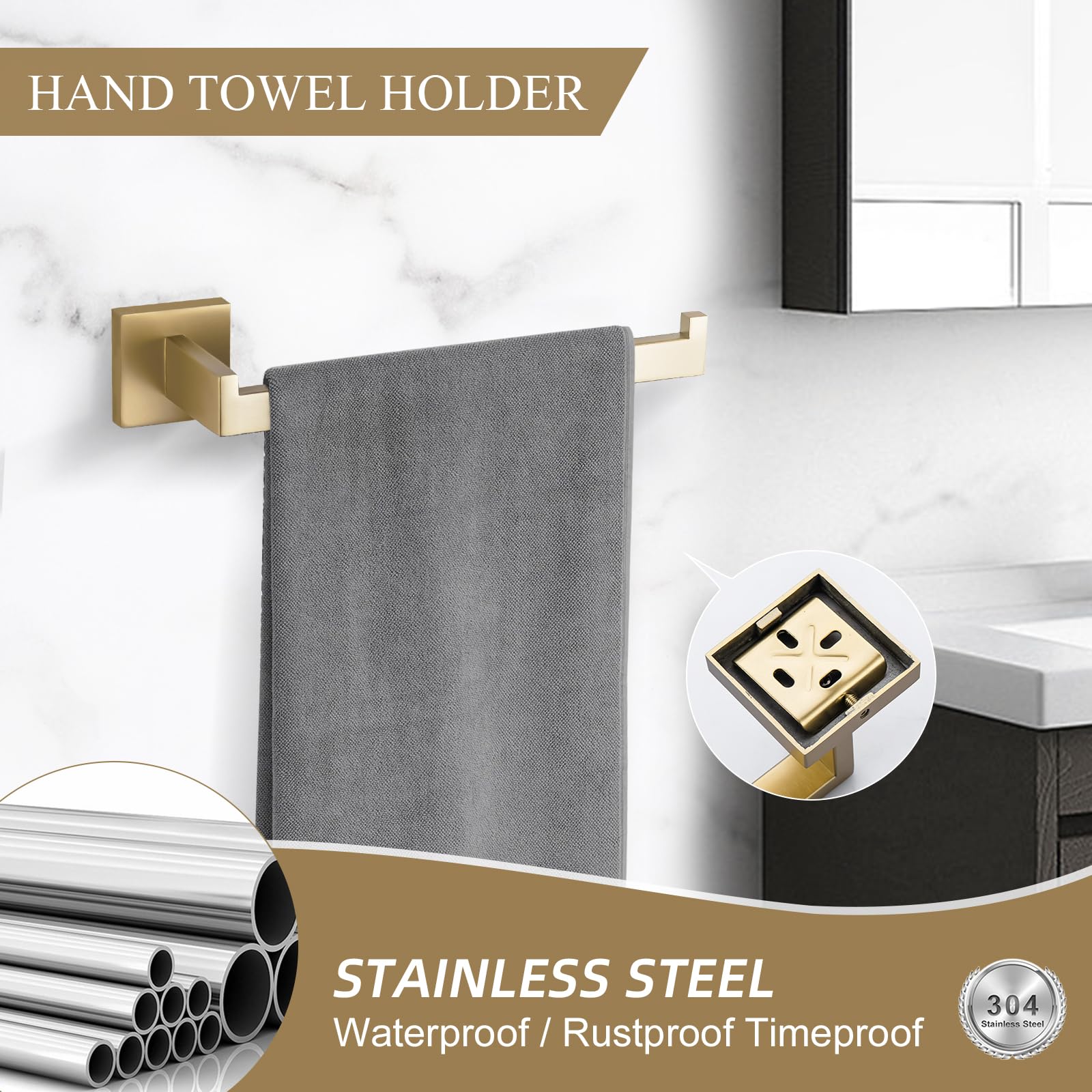 TURS Brushed Gold 4-Pieces Bathroom Hardware Set Towel Bar Set Include 16 Inch Single Towel Bar Towel Holder Toilet Paper Holder Towel Wall Mounted Robe Hook, Stainless Steel