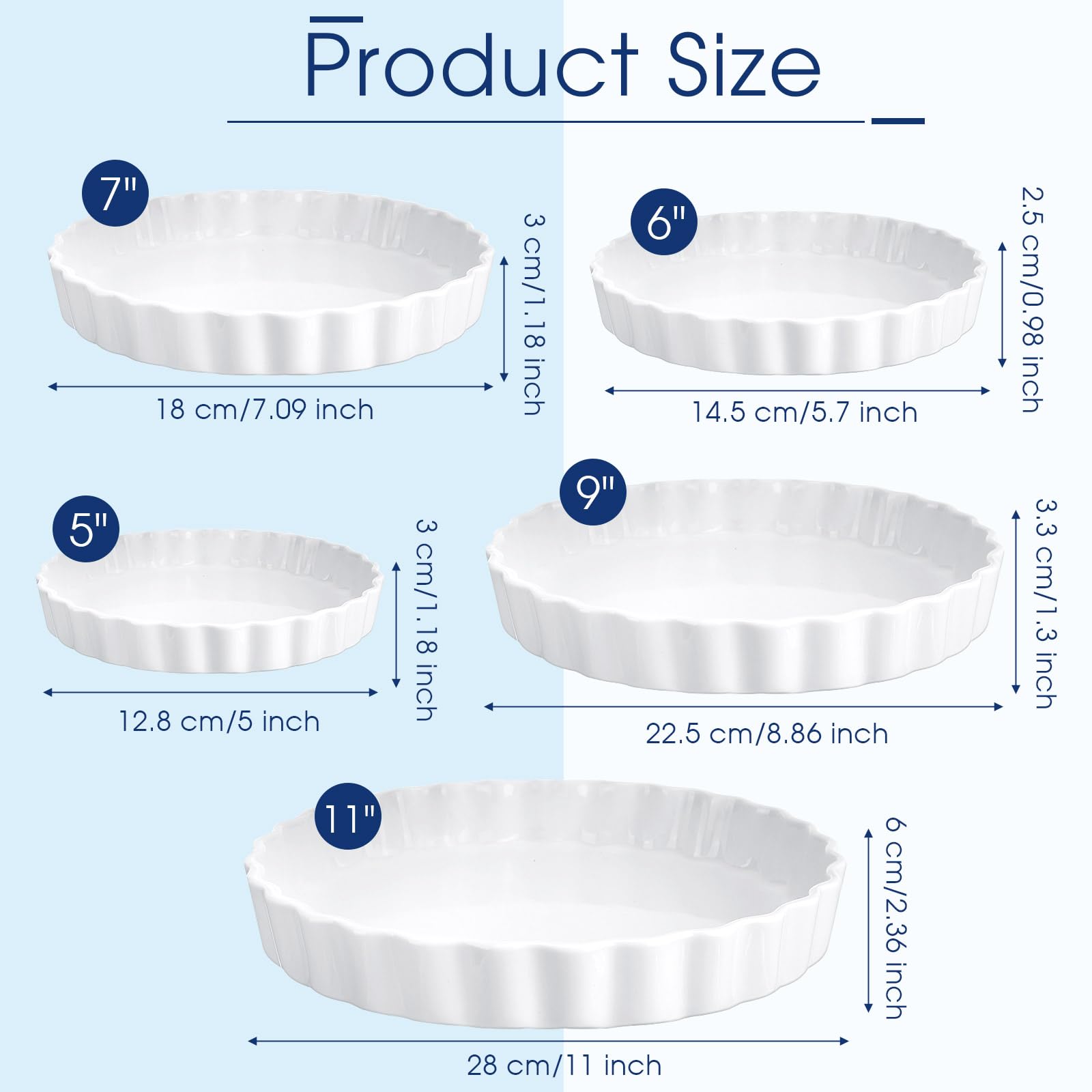 Zhehao 5 Pcs Porcelain Tart Pan Set, 5"/ 6"/ 7"/ 9"/ 11" Quiche Ceramic Baking Dish Non Stick Round Pie Dish White Pie Plate with Ruffled Edge for Tarts, Pie, Microwave, Dishwasher and Oven Safe