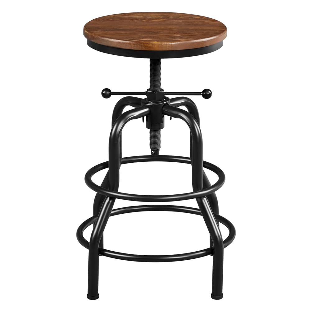 Yaheetech Industrial Bar Stool Vintage Counter Rustic Counter Height Metal Bar Stool Adjustable with Round Wood Seat Kitchen/Dining/Cafe Chair 20-27 Inch Tall, Brown, 1PCS