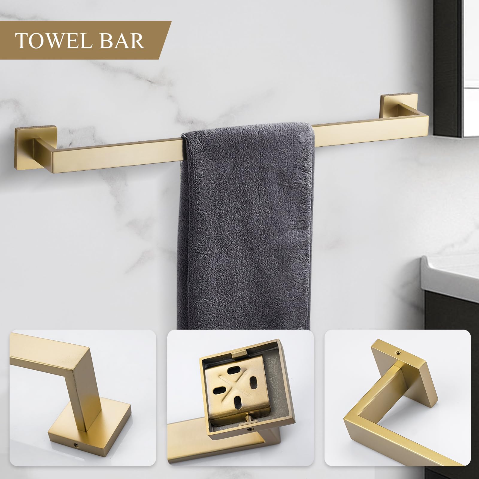 TURS Brushed Gold 4-Pieces Bathroom Hardware Set Towel Bar Set Include 16 Inch Single Towel Bar Towel Holder Toilet Paper Holder Towel Wall Mounted Robe Hook, Stainless Steel