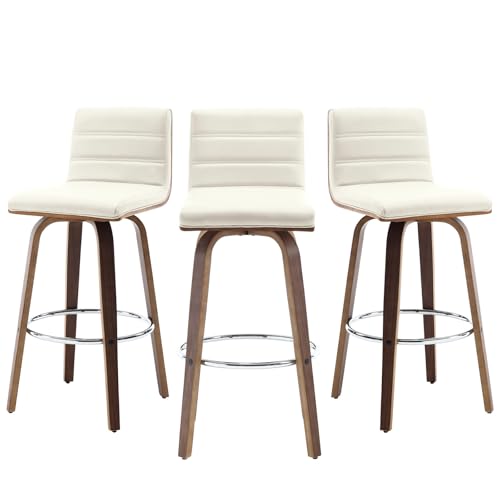 Bekrvio Bar Stools Set of 3 Swivel Bar Stools with Backs, 29 Inch Bar Height Upholstered PU Leather Barstool, L Shape Back, Padded Seat, Mid-Century Modern Bar Stool Chairs for Kitchen Island, White