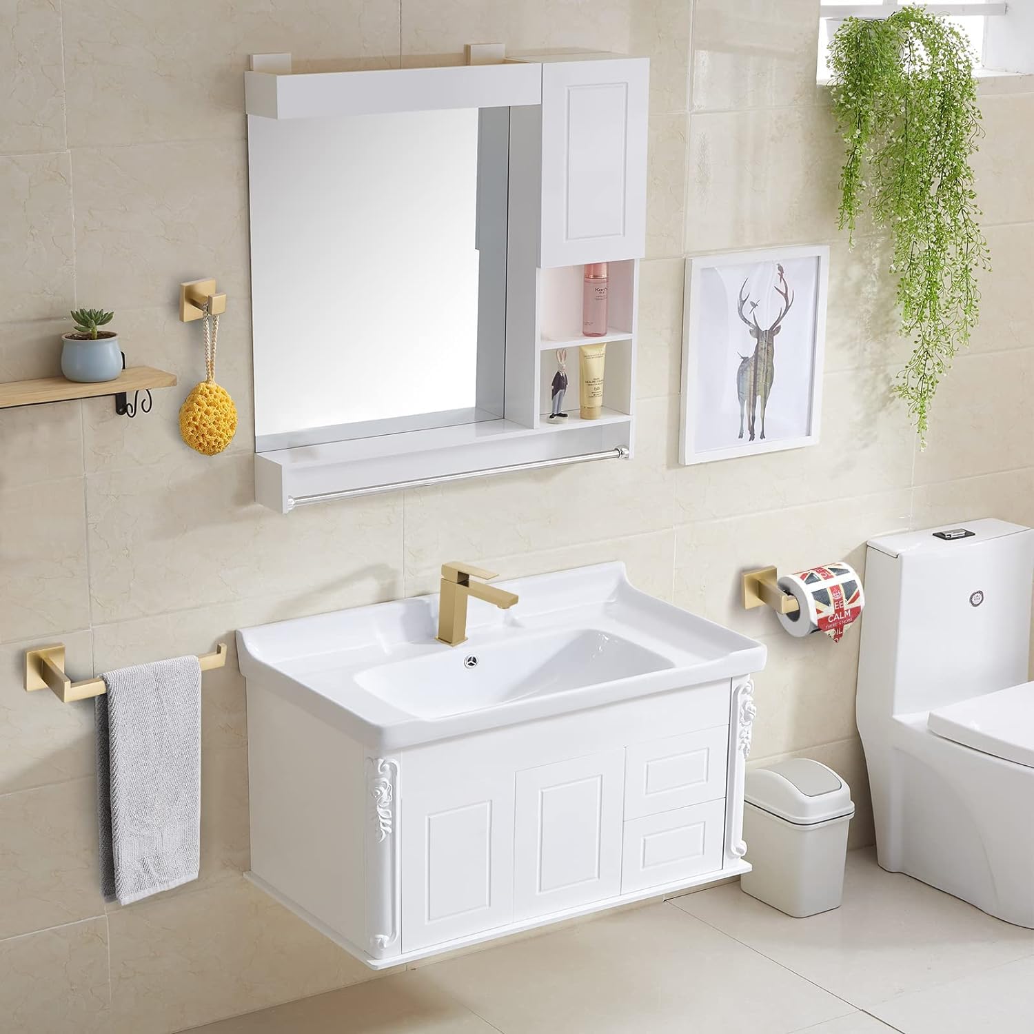 TURS Brushed Gold 4-Pieces Bathroom Hardware Set Towel Bar Set Include 16 Inch Single Towel Bar Towel Holder Toilet Paper Holder Towel Wall Mounted Robe Hook, Stainless Steel