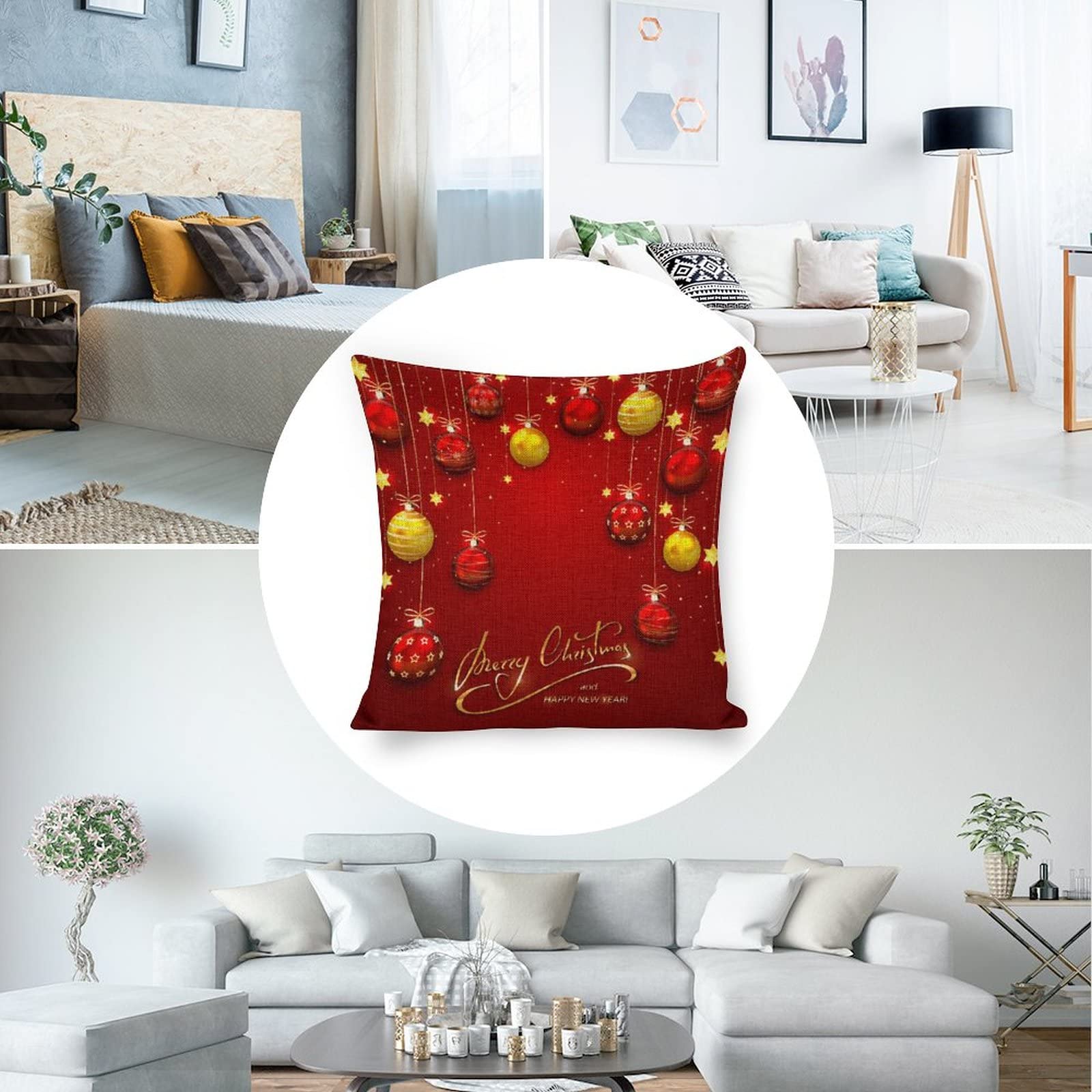 Xmas Ball Baubles Quote Throw Pillow Covers 18×18 Pillowcases Set of 2 Merry Christmas Linen Decorative Square Pillow Case Cushion Covers Standard Size for Sofa Couch Outdoor Bed Pillow Protectors