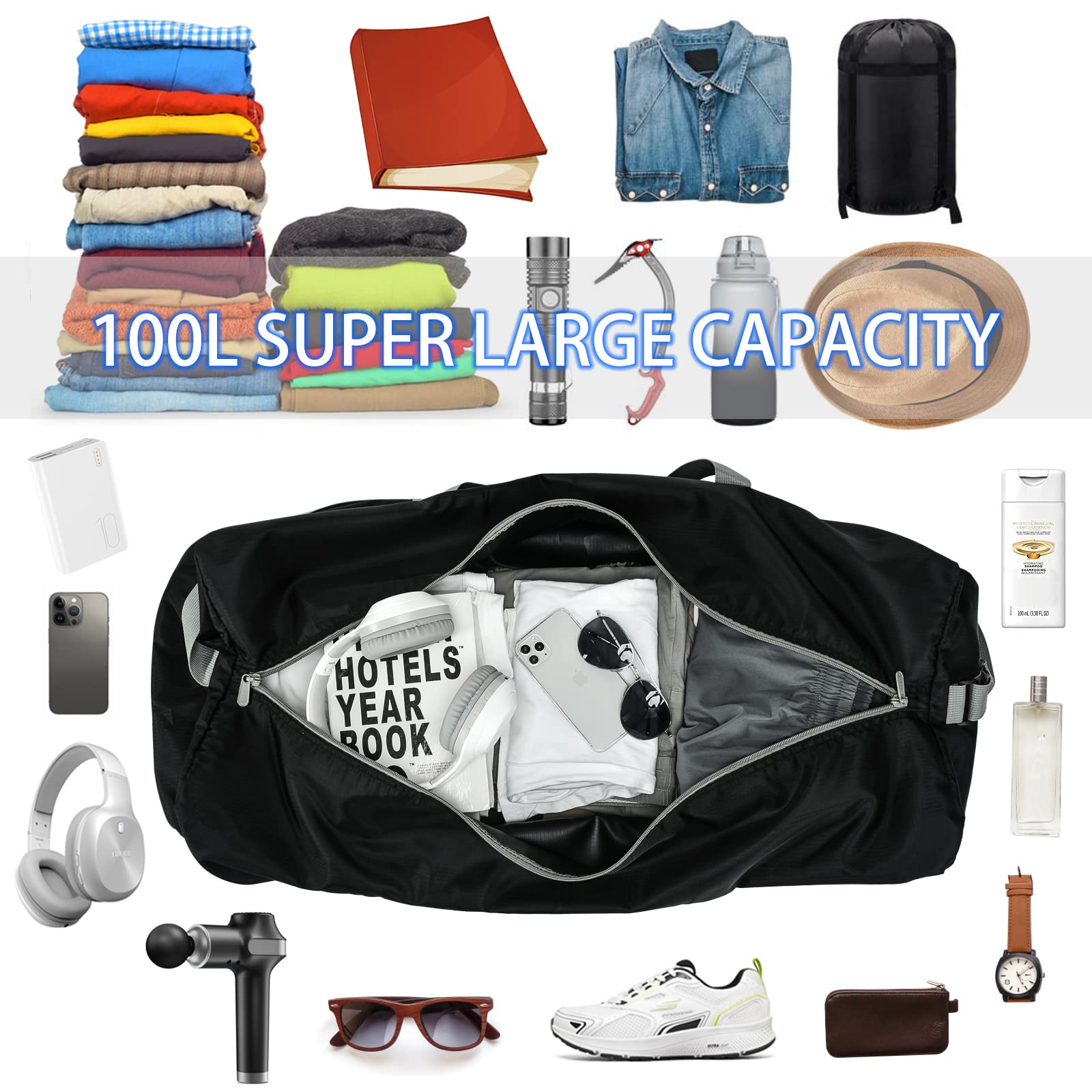 iFARADAY 105L Extra Large Duffel Bag 32.5 inch Lightweight Luggage for Travel-Black
