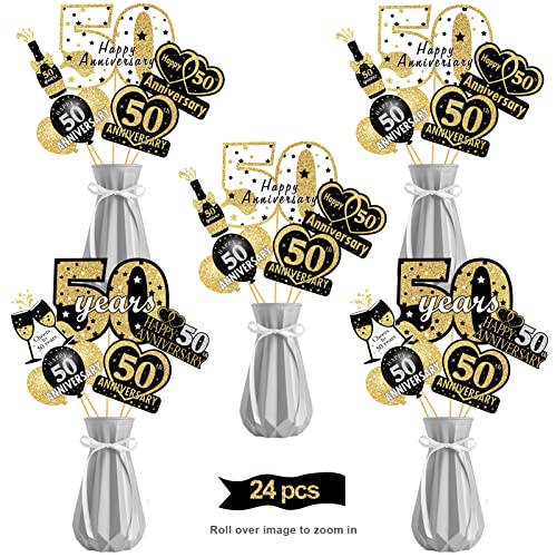 24pcs Happy 50th Anniversary Decorations Table Centerpiece Sticks, Black Gold 50 Year Wedding Anniversary Tables Topper Party Supplies, Fifty Anniversary Sign Decor