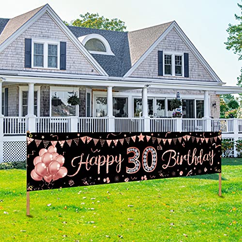Happy 30th Birthday Banner Decorations for Women, Rose Gold Thirty Birthday Sign Party Supplies for Her, Funny 30 Birthday Decor for Outdoor Indoor