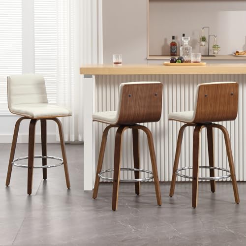 Bekrvio Bar Stools Set of 3 Swivel Bar Stools with Backs, 29 Inch Bar Height Upholstered PU Leather Barstool, L Shape Back, Padded Seat, Mid-Century Modern Bar Stool Chairs for Kitchen Island, White