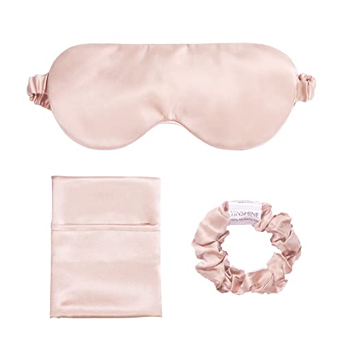 Silk Sleep Mask Set, Silk Hair Scrunchies and Silk Bags for Eye Skin and Sleeping 100% Pure Mulberry Silk 22 Momme Silk with Gift Box(Candy Pink)