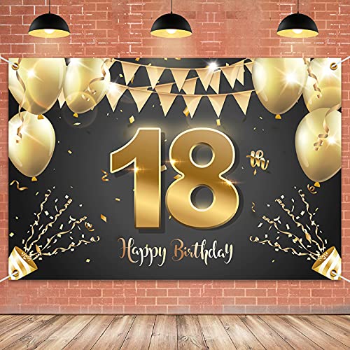 HAMIGAR 6x4ft Happy 18th Birthday Banner Backdrop - 18 Years Old Birthday Decorations Party Supplies for Girls Boys - Black Gold