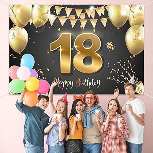 HAMIGAR 6x4ft Happy 18th Birthday Banner Backdrop - 18 Years Old Birthday Decorations Party Supplies for Girls Boys - Black Gold