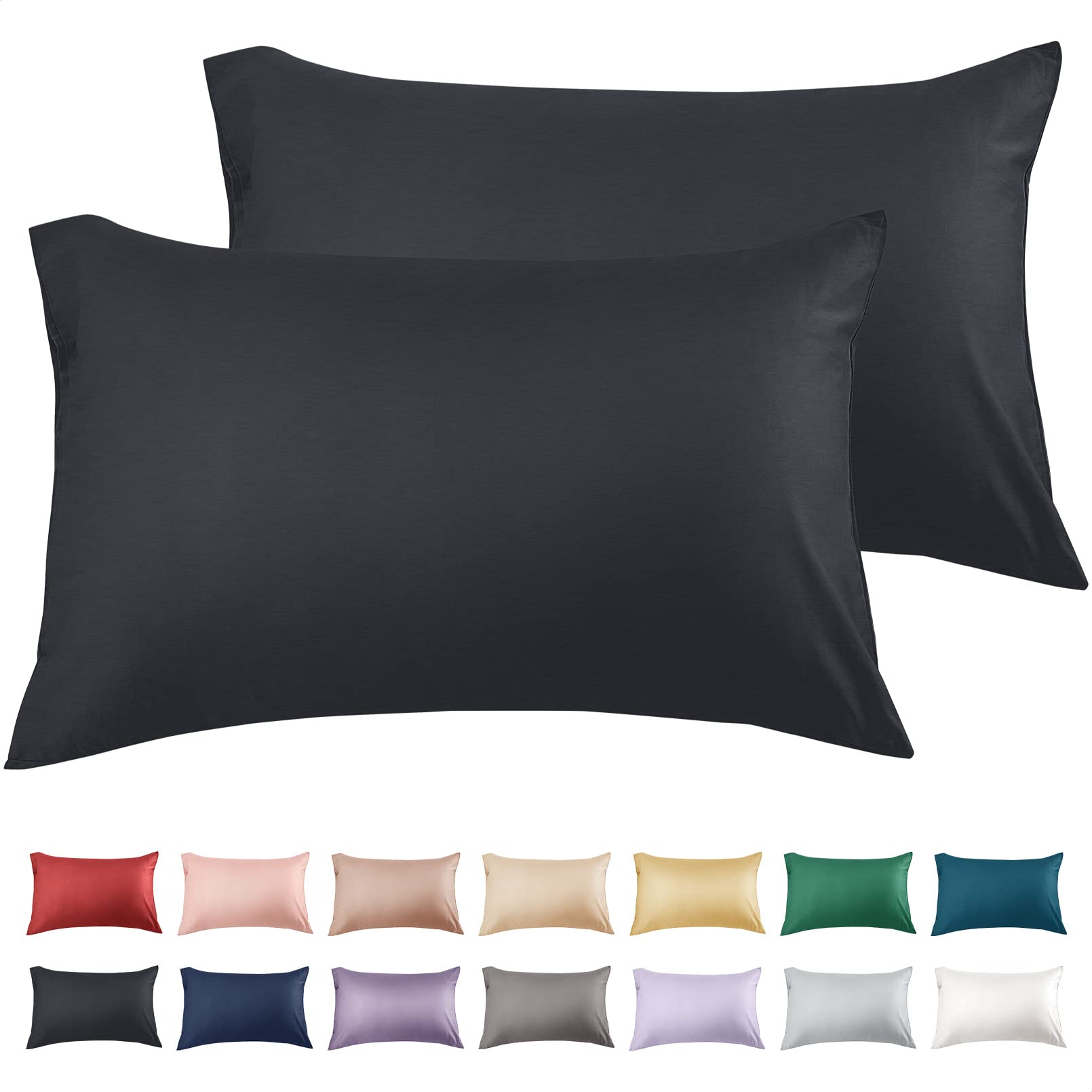 Warmstar Cotton Pillow Cases Standard Size Set of 2, 600 Thread Count Pillowcases 20x26 Inches, Soft Long Staple Cotton Pillowcases Breathable with Envelope Closure,Black