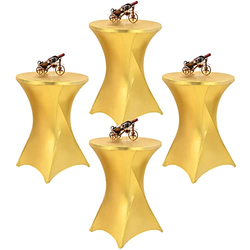 4 Pack Cocktail Spandex Stretch Square Corners Tablecloth, 32"x43" Metallic Gold Spandex Cocktail Table Cover, Fitted High Top Round Table Cloth for Wedding Bar Party Events Home Decor Supplies