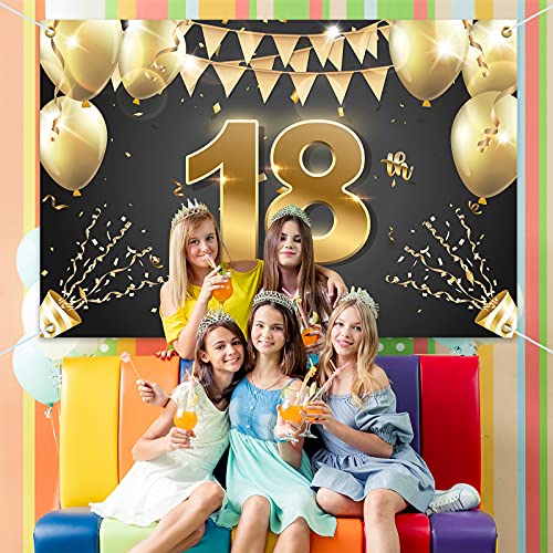 HAMIGAR 6x4ft Happy 18th Birthday Banner Backdrop - 18 Years Old Birthday Decorations Party Supplies for Girls Boys - Black Gold