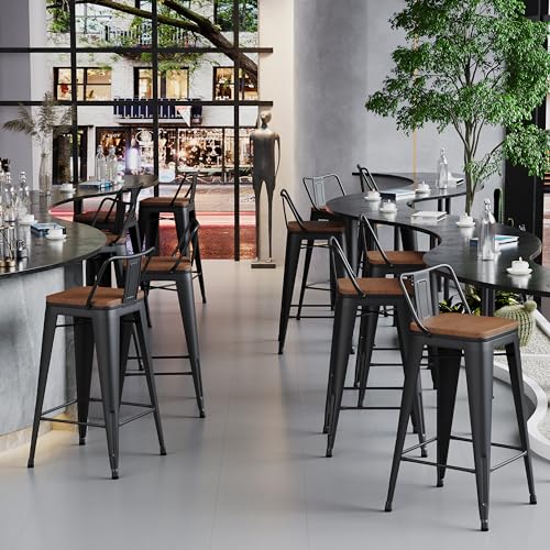 HAOBO Home 30" Low Back Barstools Metal Stool with Wooden Seat [Set of 4] Counter Height Bar Stools, Matte Black