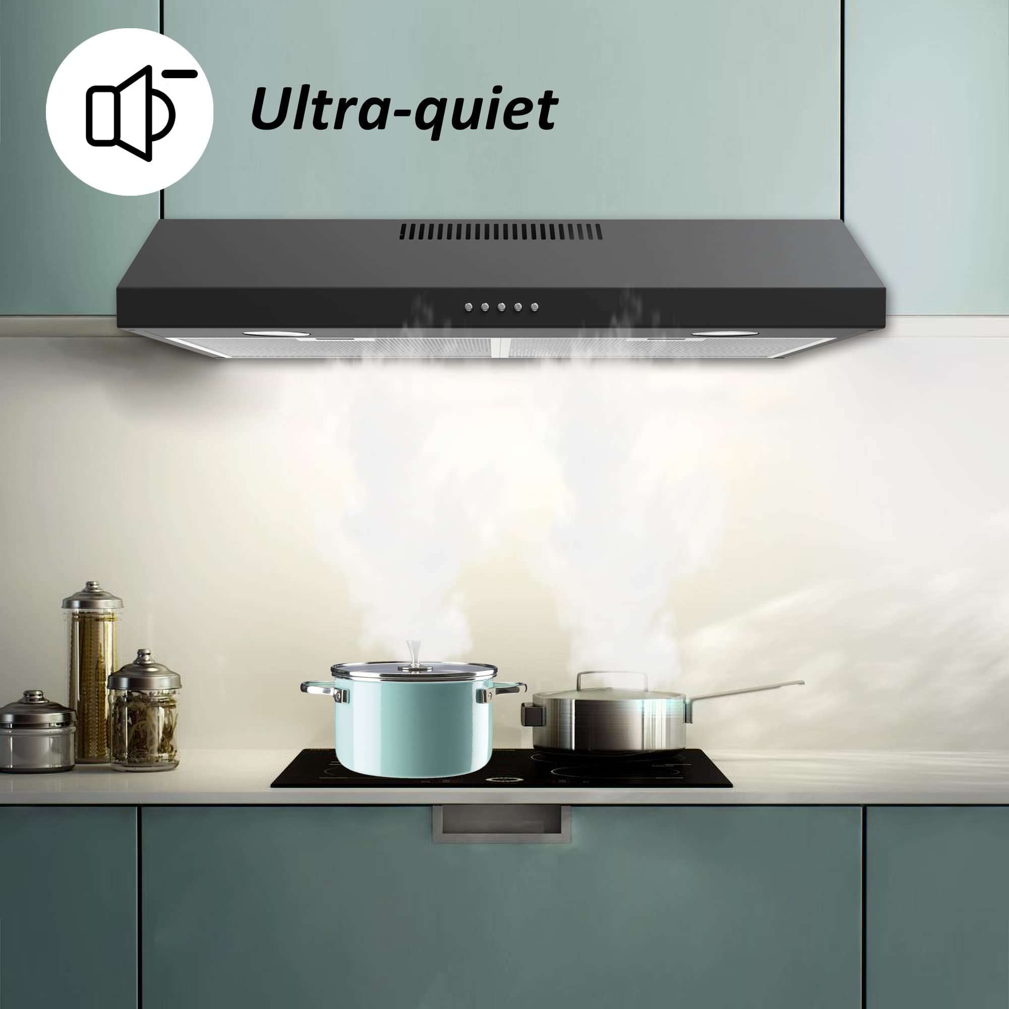 Black Range hood 30 inch, 300CFM Under Cabinet Range Hood with Ducted/Ductless Convertible Slim Kitchen Over Stove Vent, 3 Speed Exhaust Fan, LED Lights, Vent Hood with Charcoal Filter