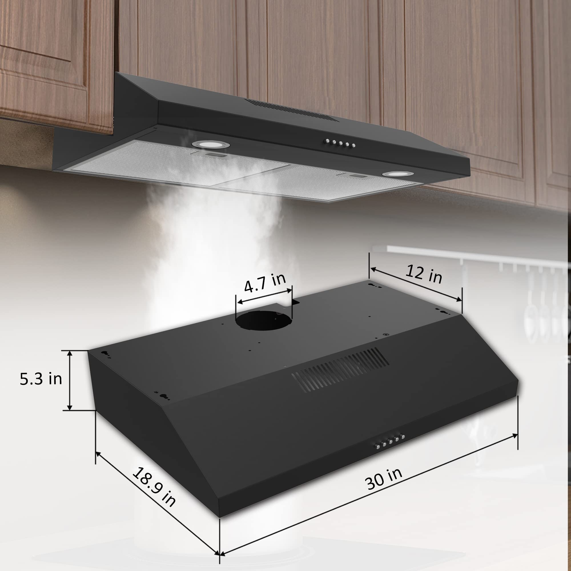 Black Range hood 30 inch, 300CFM Under Cabinet Range Hood with Ducted/Ductless Convertible Slim Kitchen Over Stove Vent, 3 Speed Exhaust Fan, LED Lights, Vent Hood with Charcoal Filter