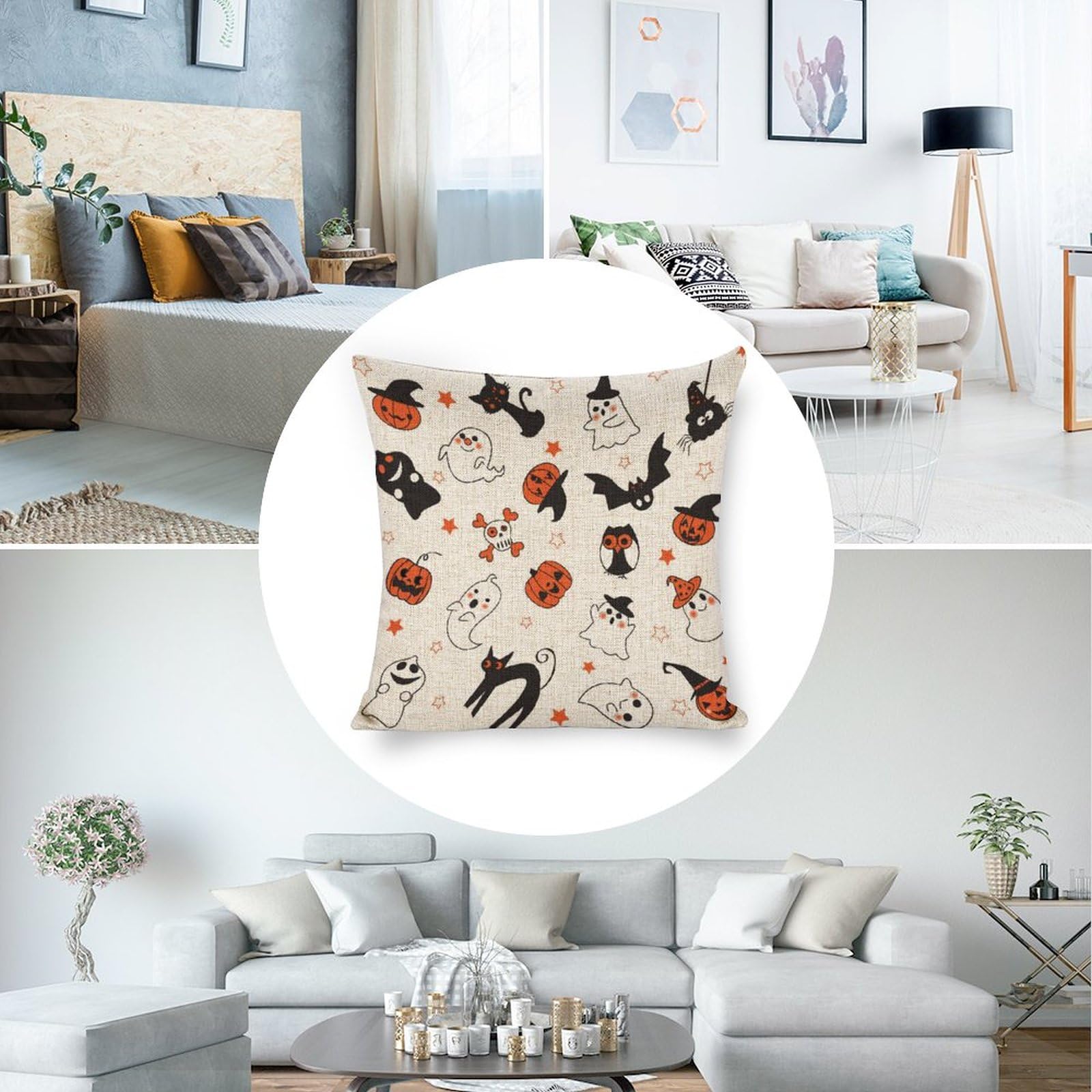 Halloween Ghosts Pattern Throw Pillow Covers 18×18 Pillowcases Set of 2 Cartoon Style Linen Decorative Square Pillow Case Cushion Covers Standard Size for Sofa Couch Outdoor Bed Pillow Protectors