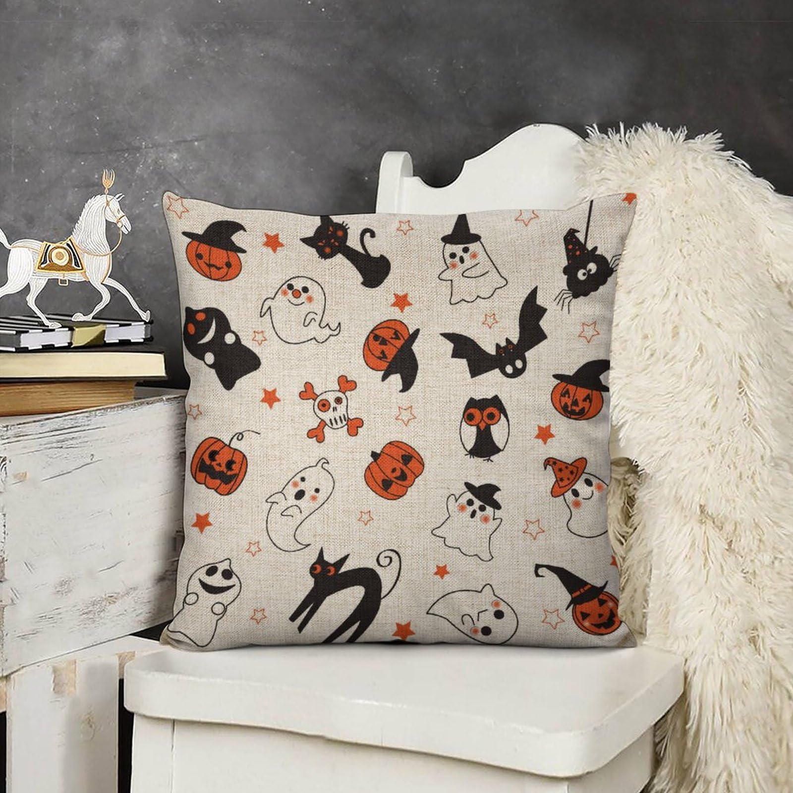 Halloween Ghosts Pattern Throw Pillow Covers 18×18 Pillowcases Set of 2 Cartoon Style Linen Decorative Square Pillow Case Cushion Covers Standard Size for Sofa Couch Outdoor Bed Pillow Protectors