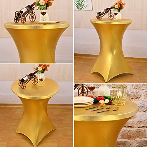 4 Pack Cocktail Spandex Stretch Square Corners Tablecloth, 32"x43" Metallic Gold Spandex Cocktail Table Cover, Fitted High Top Round Table Cloth for Wedding Bar Party Events Home Decor Supplies