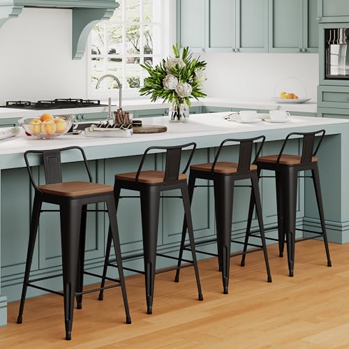 HAOBO Home 30" Low Back Barstools Metal Stool with Wooden Seat [Set of 4] Counter Height Bar Stools, Matte Black