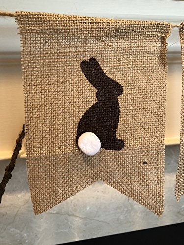 Happy Easter Burlap Banner Garland - Bunny Rabbit & Fluffy Tail Design - Ready to Hang Wall Decor - Complete with Hanging Ribbon Decoration - by Jolly Jon