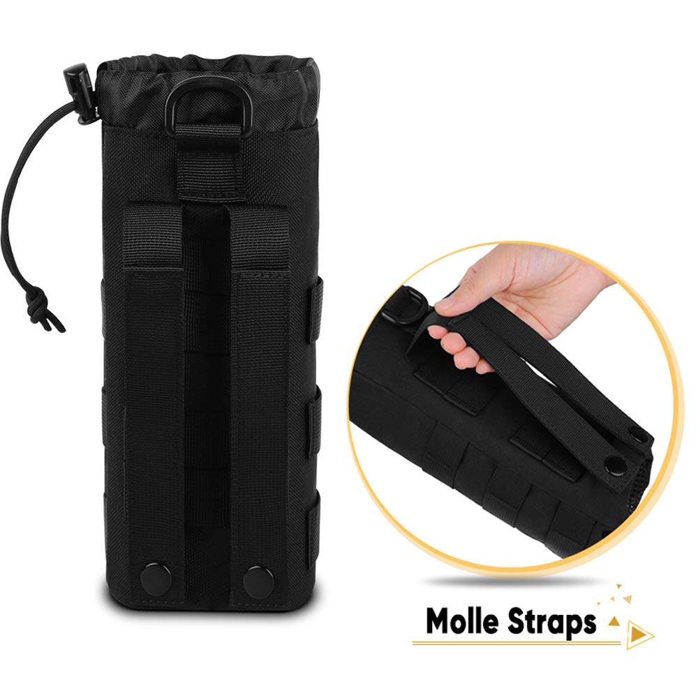 FUNANASUN Tactical Water Bottle Pouch, Drawstring Military H2O Molle Water Bottle Holder Bag Mesh Hydration Carrier Black