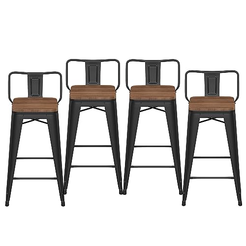 HAOBO Home 30" Low Back Barstools Metal Stool with Wooden Seat [Set of 4] Counter Height Bar Stools, Matte Black