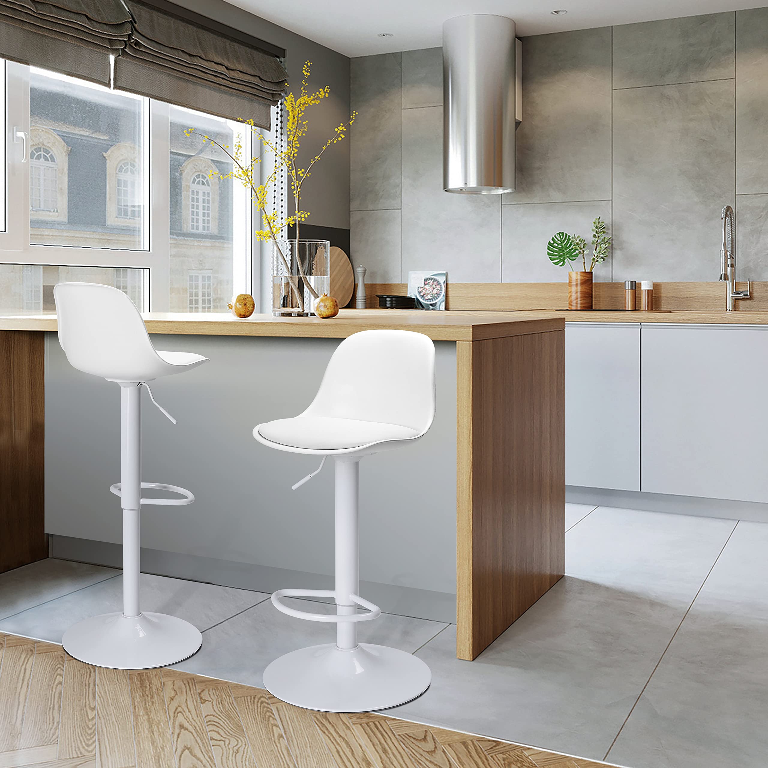 Finnhomy Bar Stools Set of 2, Swivel Barstools with Footrest and Ergonomic PP Back, Counter Height Adjustable Modern Counter Stools for Kitchen, White