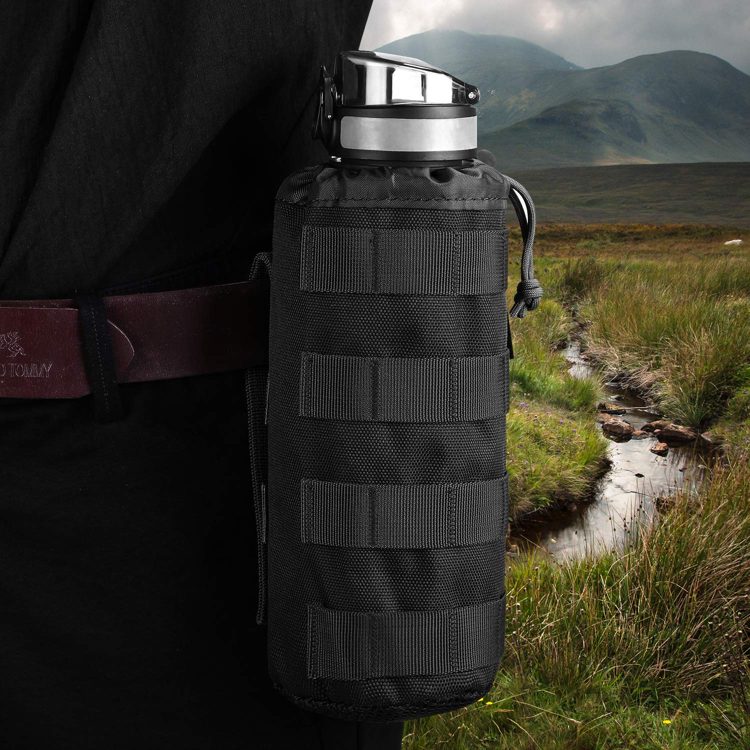 FUNANASUN Tactical Water Bottle Pouch, Drawstring Military H2O Molle Water Bottle Holder Bag Mesh Hydration Carrier Black