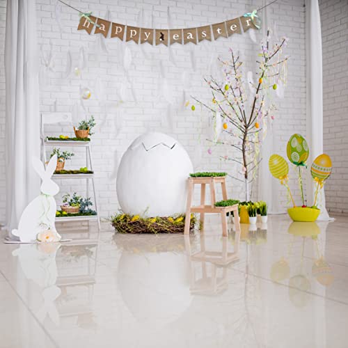 Happy Easter Burlap Banner Garland - Bunny Rabbit & Fluffy Tail Design - Ready to Hang Wall Decor - Complete with Hanging Ribbon Decoration - by Jolly Jon