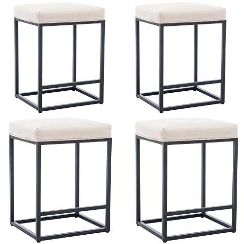 Wahson Set of 4 Bar Stools Counter Height Stools, 24" Modern Linen Upholstered Stools with Black Metal Base for Kitchen Island Bar Pub Bistro, Cream