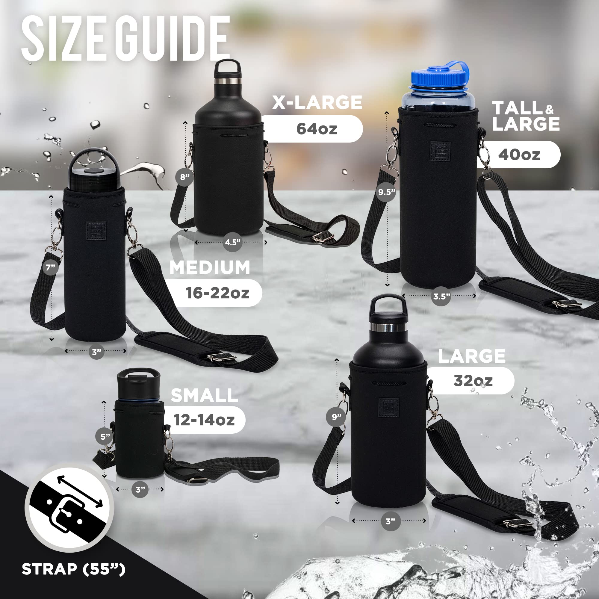 Made Easy Kit Neoprene Water Bottle Carrier Holder with Adjustable Shoulder Strap for Insulating & Carrying Water Container Canteen Flask Available in 5 Sizes (Teal, L (32oz / 1.5L))