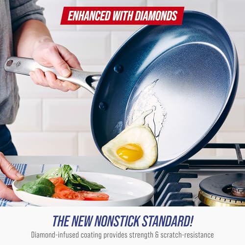 Blue Diamond 9.5” and 11" Frying Pan Skillet Set, Diamond Infused PFAS & PFOA-Free Ceramic Nonstick Pots & Pans, Durable Non Toxic Metal Utensil Safe & Scratch Resistant, Dishwasher & Oven Safe, Blue