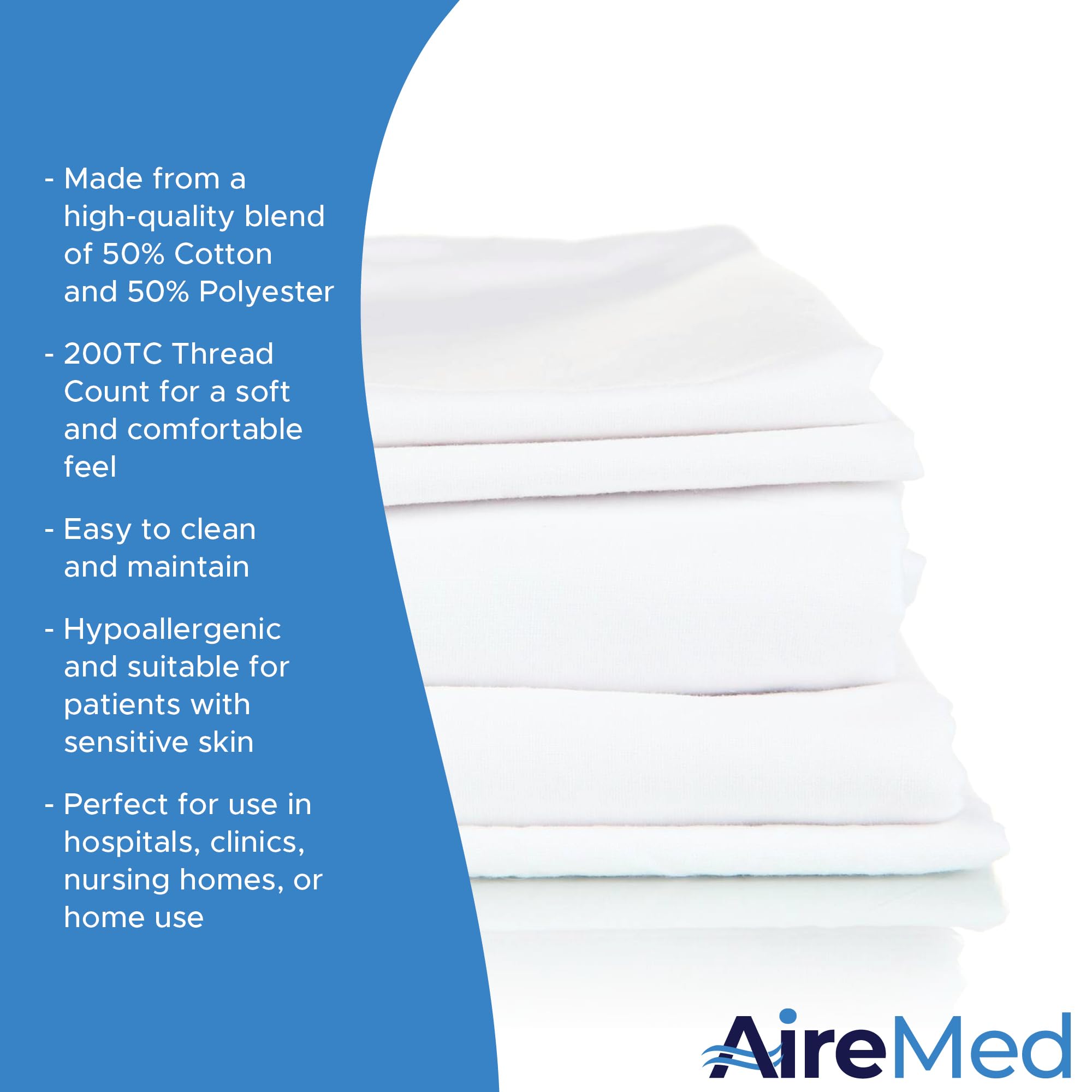 AireMed Bariatric Hospital Bed Sheets Set - 42 x 80 - Soft, Durable, and Hygienic Bedding for Home & Facilities - Flat Sheet, Fitted Sheet, and Pillowcase - 50/50 Cotton-Poly Blend - 200TC