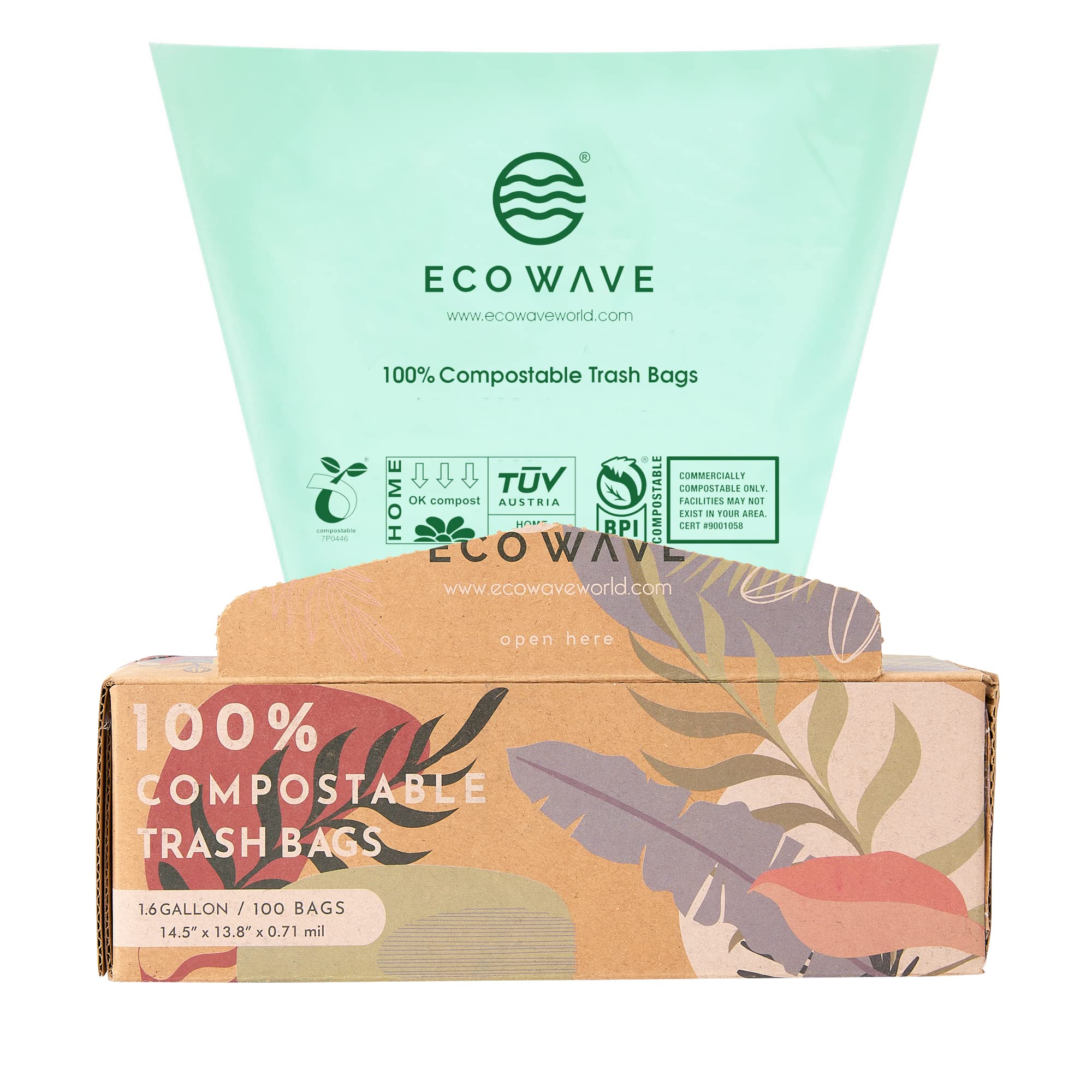 ECO WAVE 100% Compostable Trash Bags, 1.6 Gallons, 100 Bags 0.71 Mil, ASTM D6400, EN 13432, US BPI and Europe OK Compost Home Certified Biodegradable