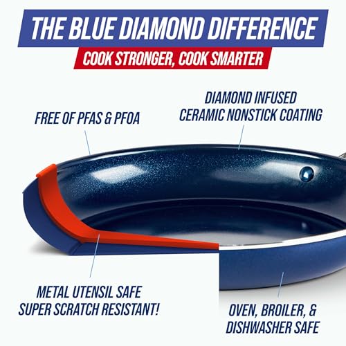 Blue Diamond 9.5” and 11" Frying Pan Skillet Set, Diamond Infused PFAS & PFOA-Free Ceramic Nonstick Pots & Pans, Durable Non Toxic Metal Utensil Safe & Scratch Resistant, Dishwasher & Oven Safe, Blue