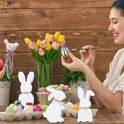 3 Pcs Easter Bunny Table Wooden Signs with Rope Easter Spring Wooden Tiered Tray Decor Rabbit Tabletop Party Centerpiece Signs Spring Decorations for Home Dining Room Desk Office (White)