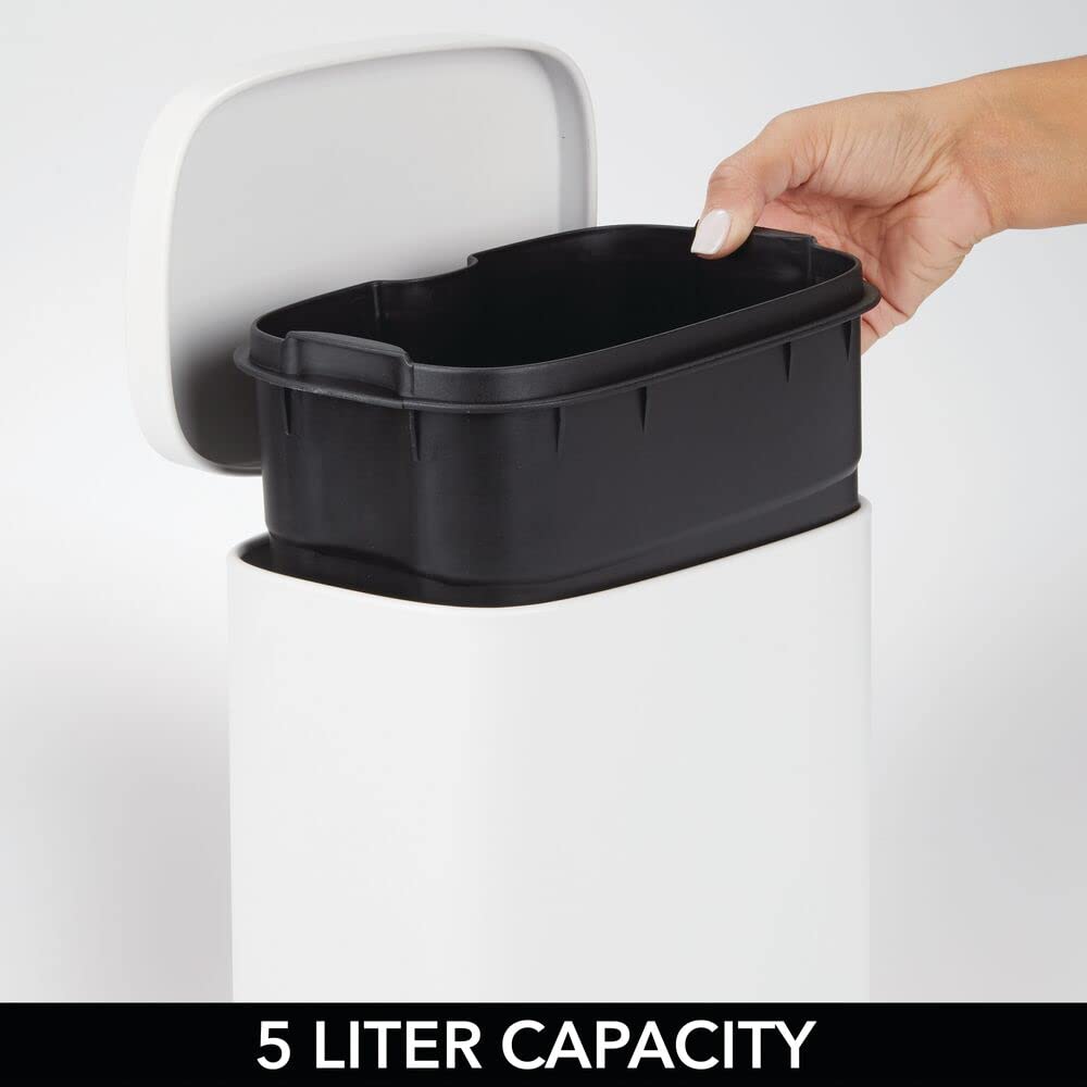 mDesign Pedal Bin - 5L Stainless Steel Pedal Bin with Lid and Plastic Insert - Small Waste Bin for Bathroom and Kitchen or Office Waste Paper Bin - White