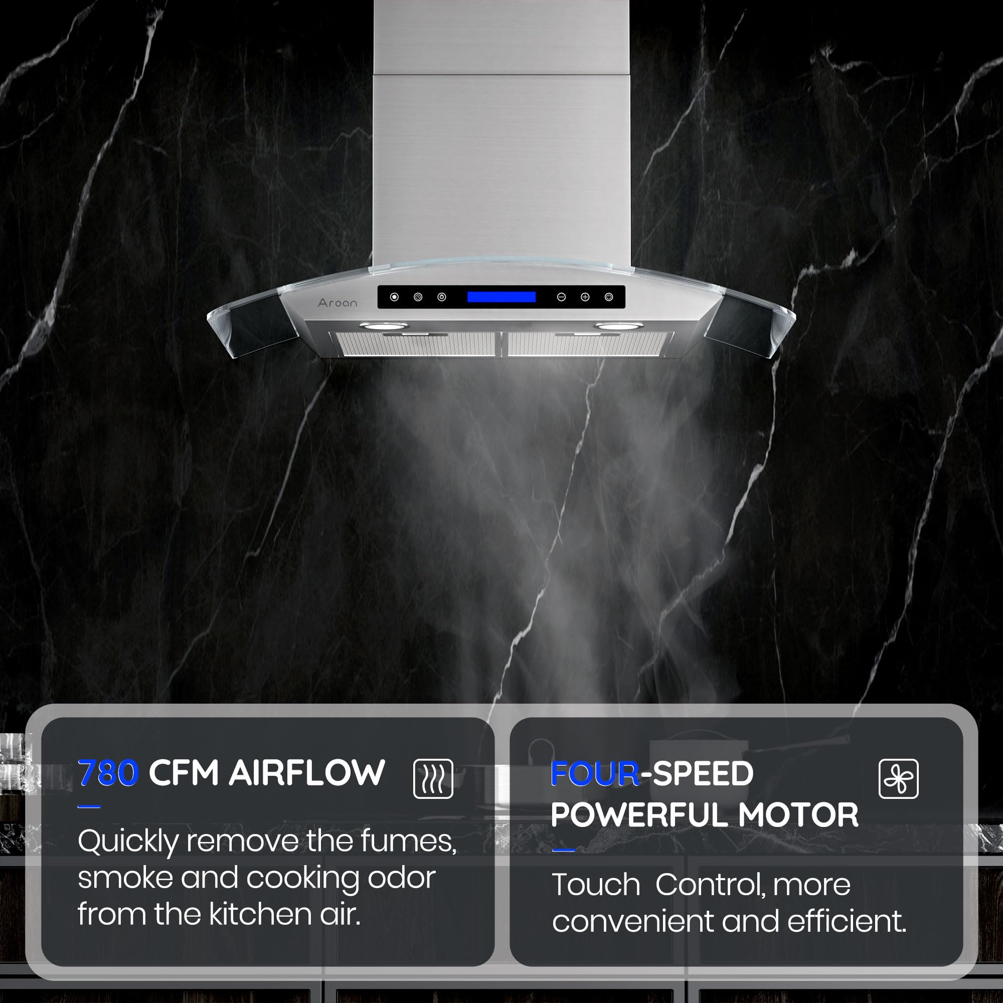 AROAN 30 inch Wall Mount Glass Range Hood, Stainless Steel Kitchen Chimney Vent Hood with 780 CFM & Four-Speed Touch Panel, 2pcs Adjustable LED, Tempered Glass Visor (PA03-30)