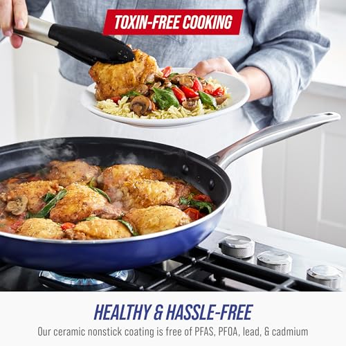 Blue Diamond 9.5” and 11" Frying Pan Skillet Set, Diamond Infused PFAS & PFOA-Free Ceramic Nonstick Pots & Pans, Durable Non Toxic Metal Utensil Safe & Scratch Resistant, Dishwasher & Oven Safe, Blue