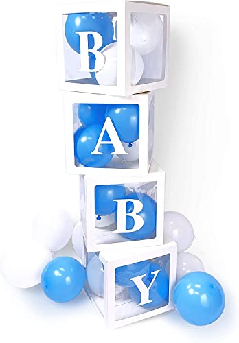 ToBsoft 4pcs Baby Shower Boxes with 52 Letters (2 Set A-Z ) Letters and 32 Balloons White Clear Balloon Box Blocks for Baby Shower and Birthday Party, Blue