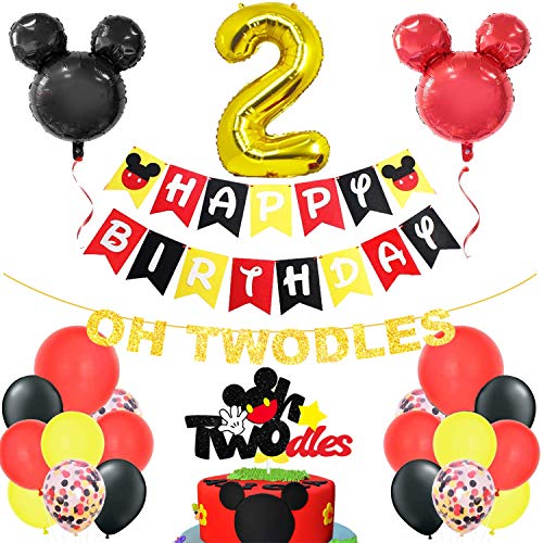Happy 2nd Birthday Balloon Set Mouse Themed Decoration – Oh Twodles Banner and Cake topper Party Supplies Gold Red