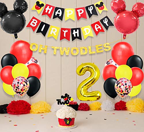 Happy 2nd Birthday Balloon Set Mouse Themed Decoration – Oh Twodles Banner and Cake topper Party Supplies Gold Red